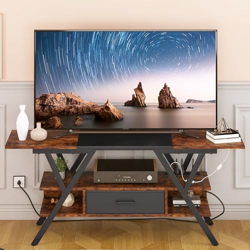 Yusong 65 inch LED TV Stand, Entertainment Center Gaming TV Table with Outlets, Up to 65" Media Console for Living Room, 29+DIY Dynamic RGB Modes, Rustic Brown and Black
