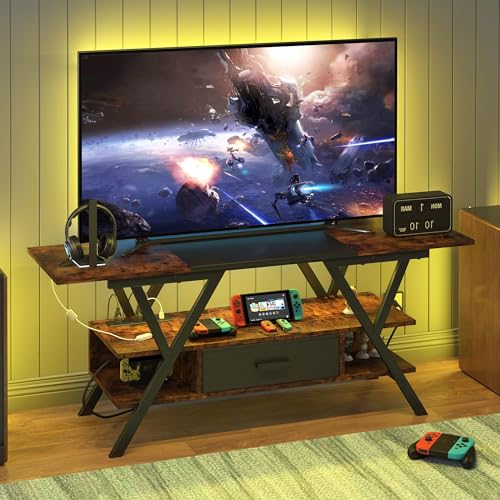 Yusong 65 inch LED TV Stand, Entertainment Center Gaming TV Table with Outlets, Up to 65" Media Console for Living Room, 29+DIY Dynamic RGB Modes, Rustic Brown and Black