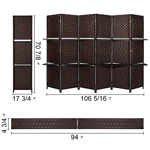 Maxhonor 6 Panels Room Divider, 6 FT Tall&Extra Wide Weave Fiber Room Divider with 2 Shelved, Double Hinged,Folding Privacy Screens, Freestanding Room Dividers (Coffee)