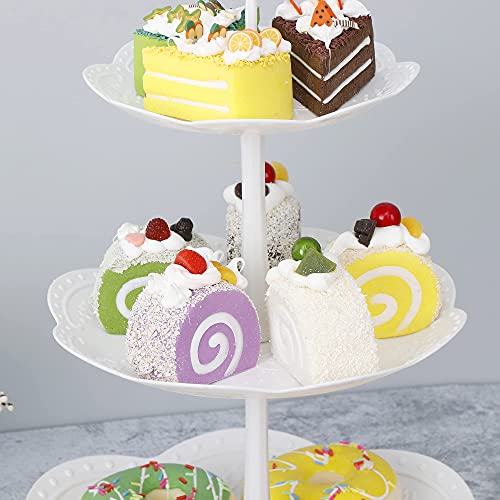 2 Set of 3-Tier Plastic Cupcake Stand Dessert Plates Mini Cakes Fruit Candy Display Tower White for Kids Birthday Tea Party Baby Shower Serving Tray, Round