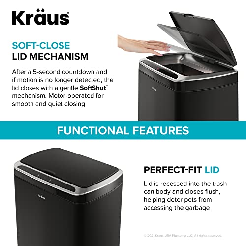 Kraus KTCS-10MB GarbagePro Rectangular 13 Gallon Hands-Free Motion Sensor Trash Can Battery Operated in Matte Black Finish with SoftShut Touchless Lid
