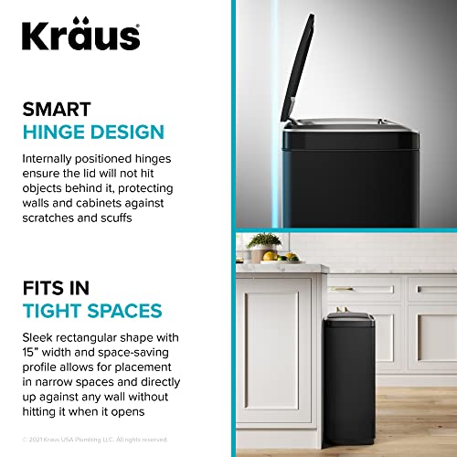 Kraus KTCS-10MB GarbagePro Rectangular 13 Gallon Hands-Free Motion Sensor Trash Can Battery Operated in Matte Black Finish with SoftShut Touchless Lid