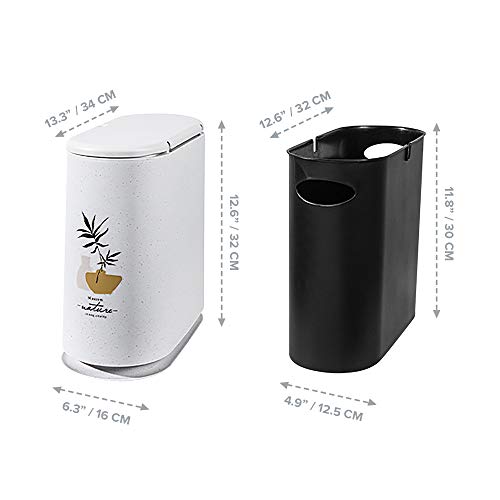 3.2Gal/12.1L Oval Slim Trash Can - Nordic Style Garbage Can with Lid - White Plastic Trash Can w/ Press Top White Lid - Space Saving Kitchen Trash Can w/ Double Barrel Removable Plastic Bin Liner