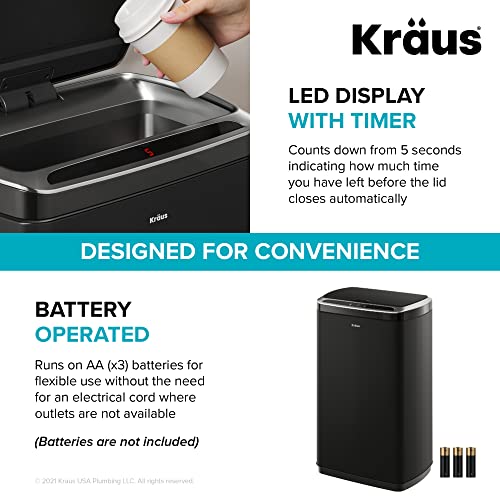 Kraus KTCS-10MB GarbagePro Rectangular 13 Gallon Hands-Free Motion Sensor Trash Can Battery Operated in Matte Black Finish with SoftShut Touchless Lid