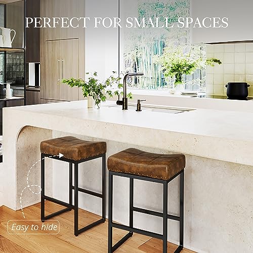 LUE BONA Counter Height Bar Stools 24" Square Saddle Barstools Set of 4, Modern Backless Faux Leather Counter Stool with Black Metal Legs for Kitchen Island Counter, Home Bar, Bistro, Yellowish Brown