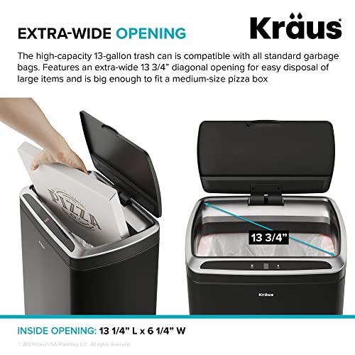 Kraus KTCS-10MB GarbagePro Rectangular 13 Gallon Hands-Free Motion Sensor Trash Can Battery Operated in Matte Black Finish with SoftShut Touchless Lid