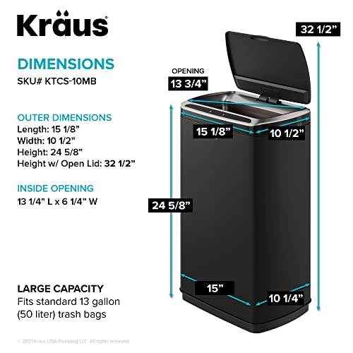 Kraus KTCS-10MB GarbagePro Rectangular 13 Gallon Hands-Free Motion Sensor Trash Can Battery Operated in Matte Black Finish with SoftShut Touchless Lid