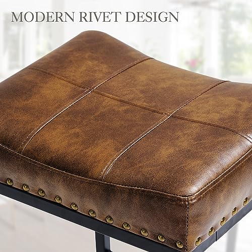 LUE BONA Counter Height Bar Stools 24" Square Saddle Barstools Set of 4, Modern Backless Faux Leather Counter Stool with Black Metal Legs for Kitchen Island Counter, Home Bar, Bistro, Yellowish Brown