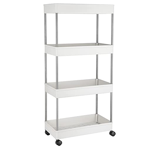 Storage Cart by PILITO, Rolling Utility Cart Mobile Shelving Unit Organizer with Wheels for Bathroom, Kitchen, Office, Home, Laundry Room & Dressers, Plastic & Stainless Steel, White (4-Tier)