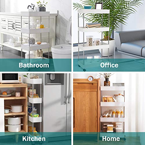 Storage Cart by PILITO, Rolling Utility Cart Mobile Shelving Unit Organizer with Wheels for Bathroom, Kitchen, Office, Home, Laundry Room & Dressers, Plastic & Stainless Steel, White (4-Tier)