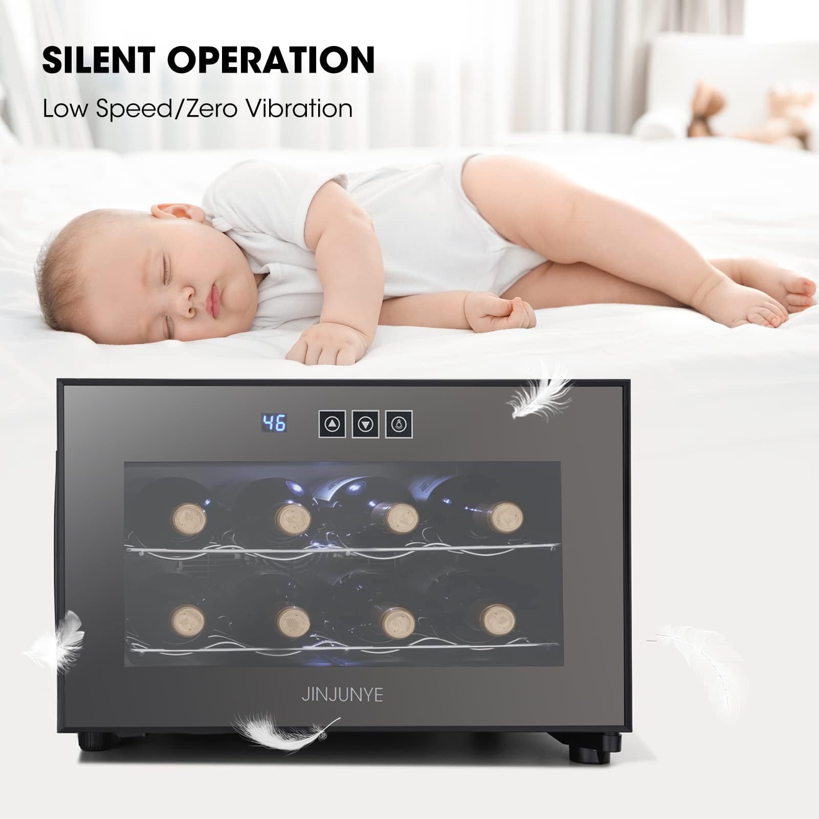 JINJUNYE 8 Bottle Wine Cooler Refrigerator, Wine Fridge Small, Countertop Wine Cooler with Temperature Control, Mini Freestanding Wine Cellar Glass Door for Home, Office, Bar, High-End Gift
