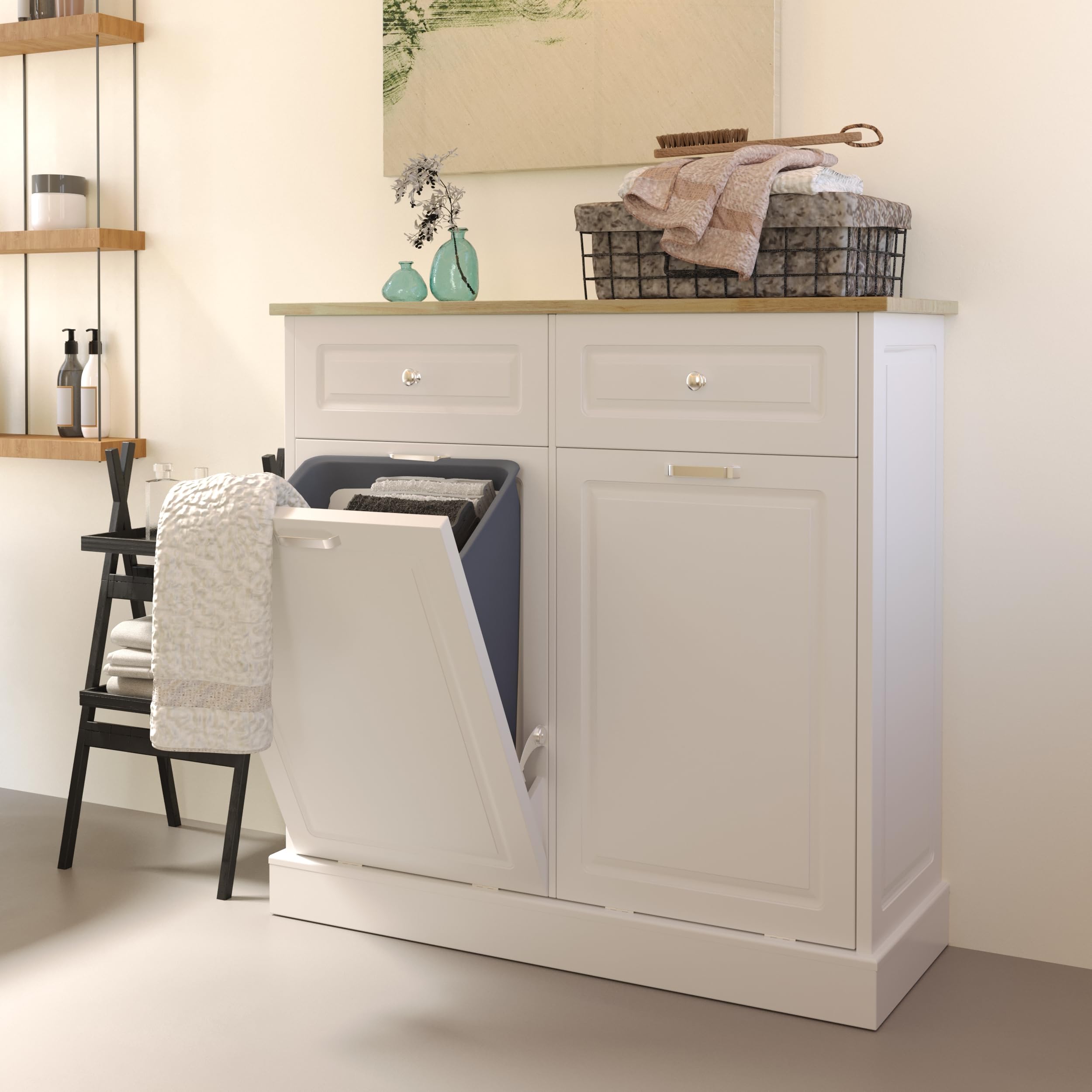 Usinso Double Trash Can Cabinet, Double Tilt Out Trash Cabinet with Hideaway Holder Drawers, Modern Standing Trash Cabinet for Kitchen, Living Room, Laundry Room (White)