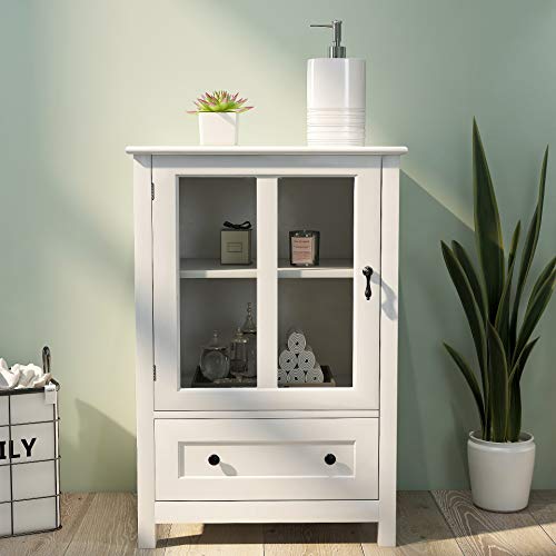 Knocbel Modern Storage Cabinet with Metal Handles, Single Glass Door, Compartments and Drawer, Buffet Sideboard for Kitchen Dining Room Hallway Entryway, 22" L x 14.4" W x 31.7" H (White)