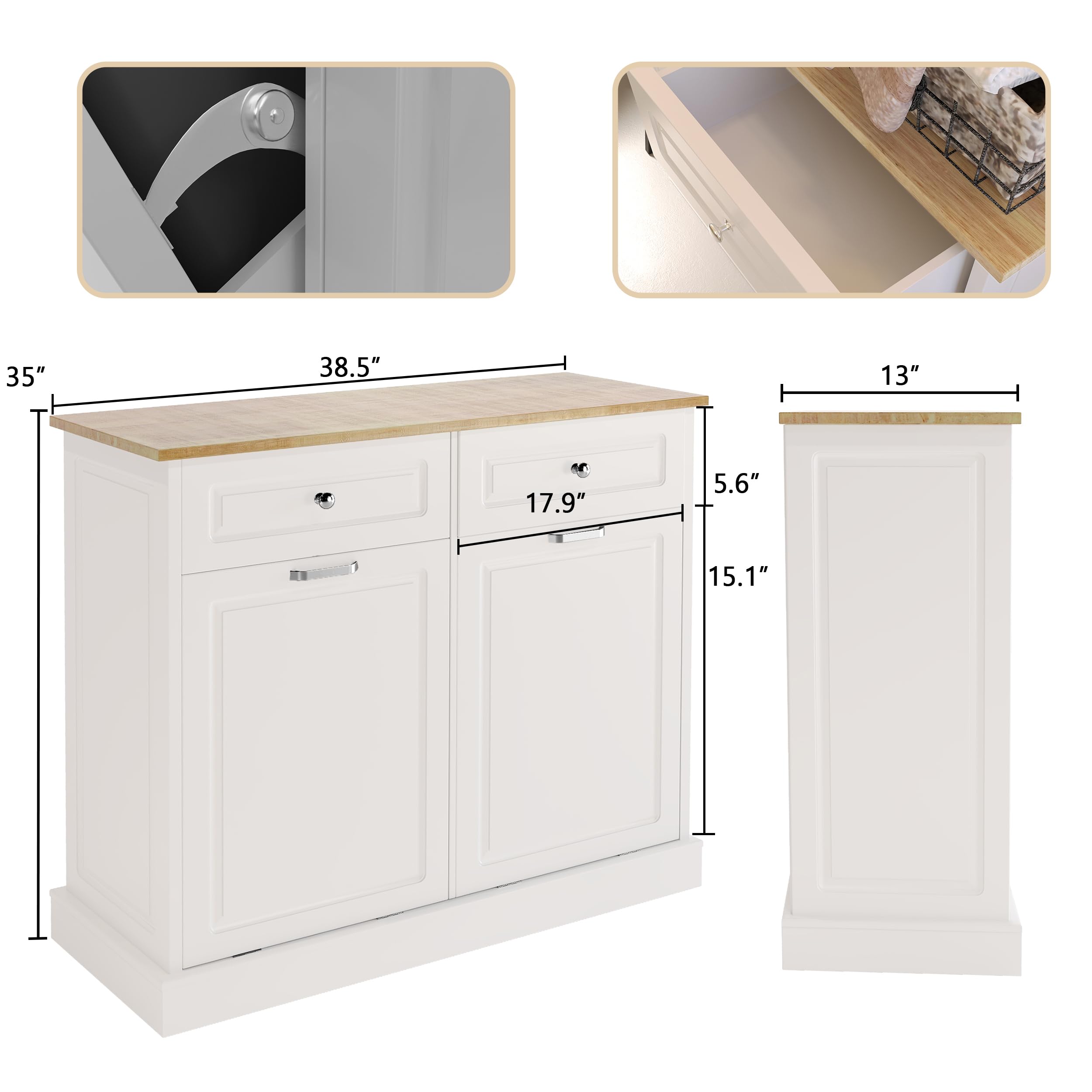 Usinso Double Trash Can Cabinet, Double Tilt Out Trash Cabinet with Hideaway Holder Drawers, Modern Standing Trash Cabinet for Kitchen, Living Room, Laundry Room (White)