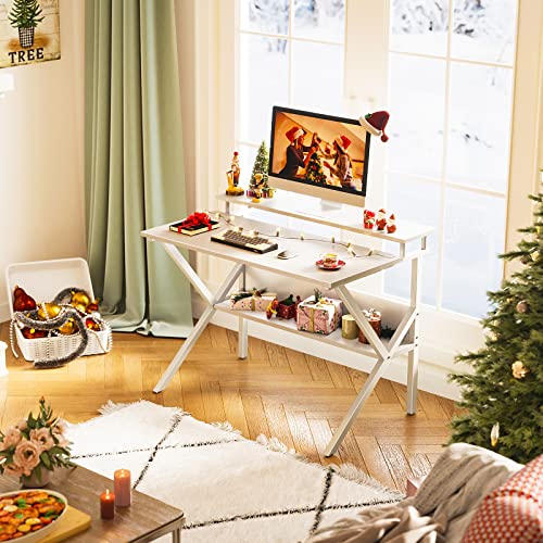 ODK Small Computer Desk, 27.5 inch Desk for Small Spaces with Storage, Compact Table with Monitor & Storage Shelves for Home Office, Modern Style Laptop Desk, Pure White