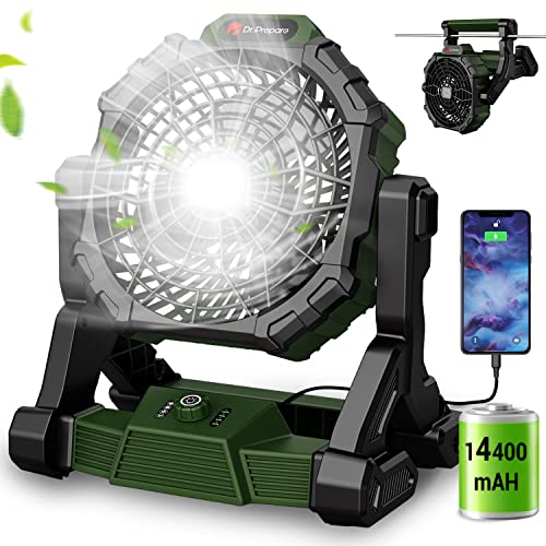 16 inch Camping Fan for Tents, Dr. Prepare Portable Floor Fan with Led Light, 14400mAh Rechargeable Cordless Battery Operated Fan for Camping, Outdoor Fan for Picnic, BBQ, Fishing, Travel, Farming
