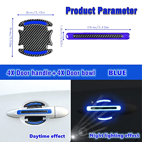 NOI 8Pcs Fashion Universal 3D Carbon Fiber Texture Car Door Handle Reflective Sticker Door Bowl Paint Scratch Protector Protective Cover Protective Film Safety Warning Function(Blue)