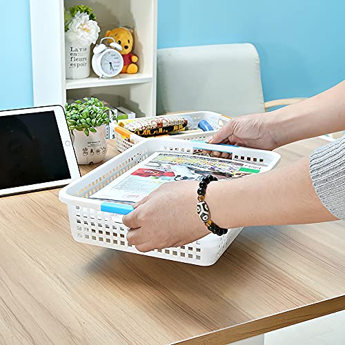 Lawei 8 Pack Large Plastic Sorage Basket with Handle - 15 x 10 x 3 Inch Pantry Organizer Basket Bins Desktop Paper Storage Basket for Organization, Countertops, Cabinets, Bedrooms, Bathrooms