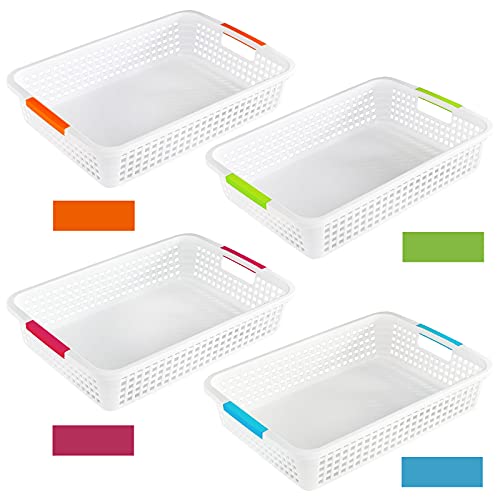 Lawei 8 Pack Large Plastic Sorage Basket with Handle - 15 x 10 x 3 Inch Pantry Organizer Basket Bins Desktop Paper Storage Basket for Organization, Countertops, Cabinets, Bedrooms, Bathrooms