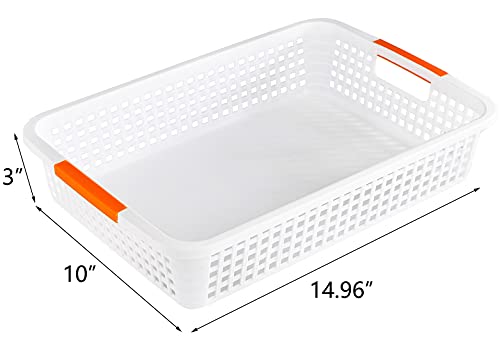Lawei 8 Pack Large Plastic Sorage Basket with Handle - 15 x 10 x 3 Inch Pantry Organizer Basket Bins Desktop Paper Storage Basket for Organization, Countertops, Cabinets, Bedrooms, Bathrooms