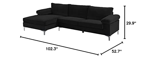Casa Andrea Milano LLC Modern Large Velvet Fabric Sectional Sofa, L-Shape Couch with Extra Wide Chaise Lounge, Onyx