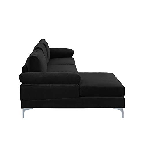 Casa Andrea Milano LLC Modern Large Velvet Fabric Sectional Sofa, L-Shape Couch with Extra Wide Chaise Lounge, Onyx