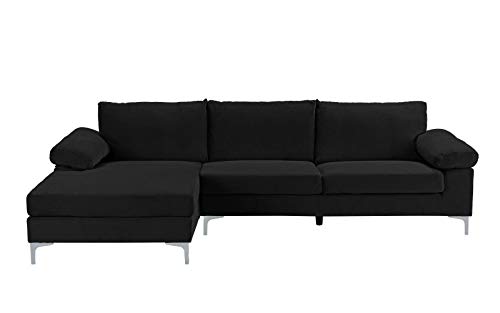 Casa Andrea Milano LLC Modern Large Velvet Fabric Sectional Sofa, L-Shape Couch with Extra Wide Chaise Lounge, Onyx