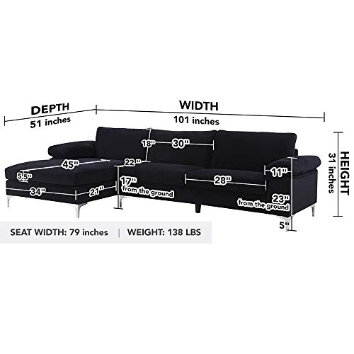 Casa Andrea Milano LLC Modern Large Velvet Fabric Sectional Sofa, L-Shape Couch with Extra Wide Chaise Lounge, Onyx