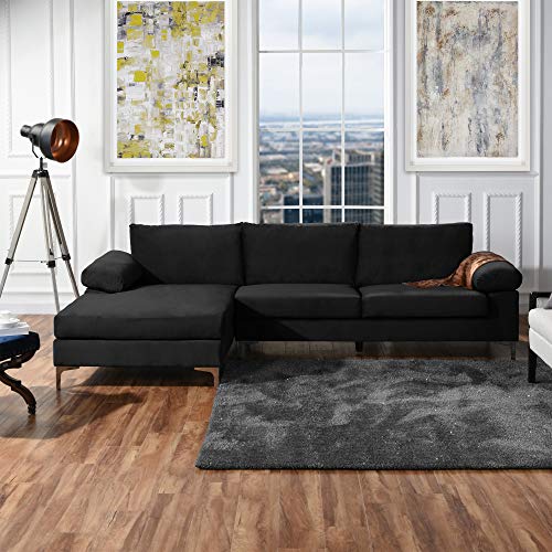 Casa Andrea Milano LLC Modern Large Velvet Fabric Sectional Sofa, L-Shape Couch with Extra Wide Chaise Lounge, Onyx