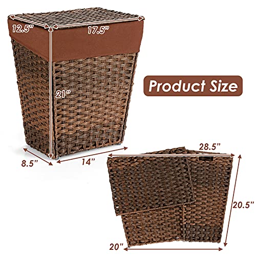 Giantex Laundry Hamper with Lid, Foldable Laundry Basket w/Removable Liner Bag, Handwoven Rattan Clothes Hamper w/Handles Anti-skid Pads for Living Room Laundry (Brown)