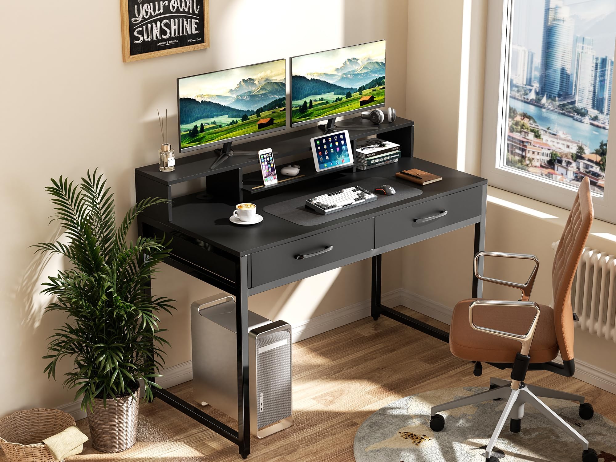 VEELOK Computer Desk with Drawers, 47" Home Office Desk with Monitor Shelf, Writing Desk with Storage, Gaming Desk Work Desk Study Desk for Bedroom, Black