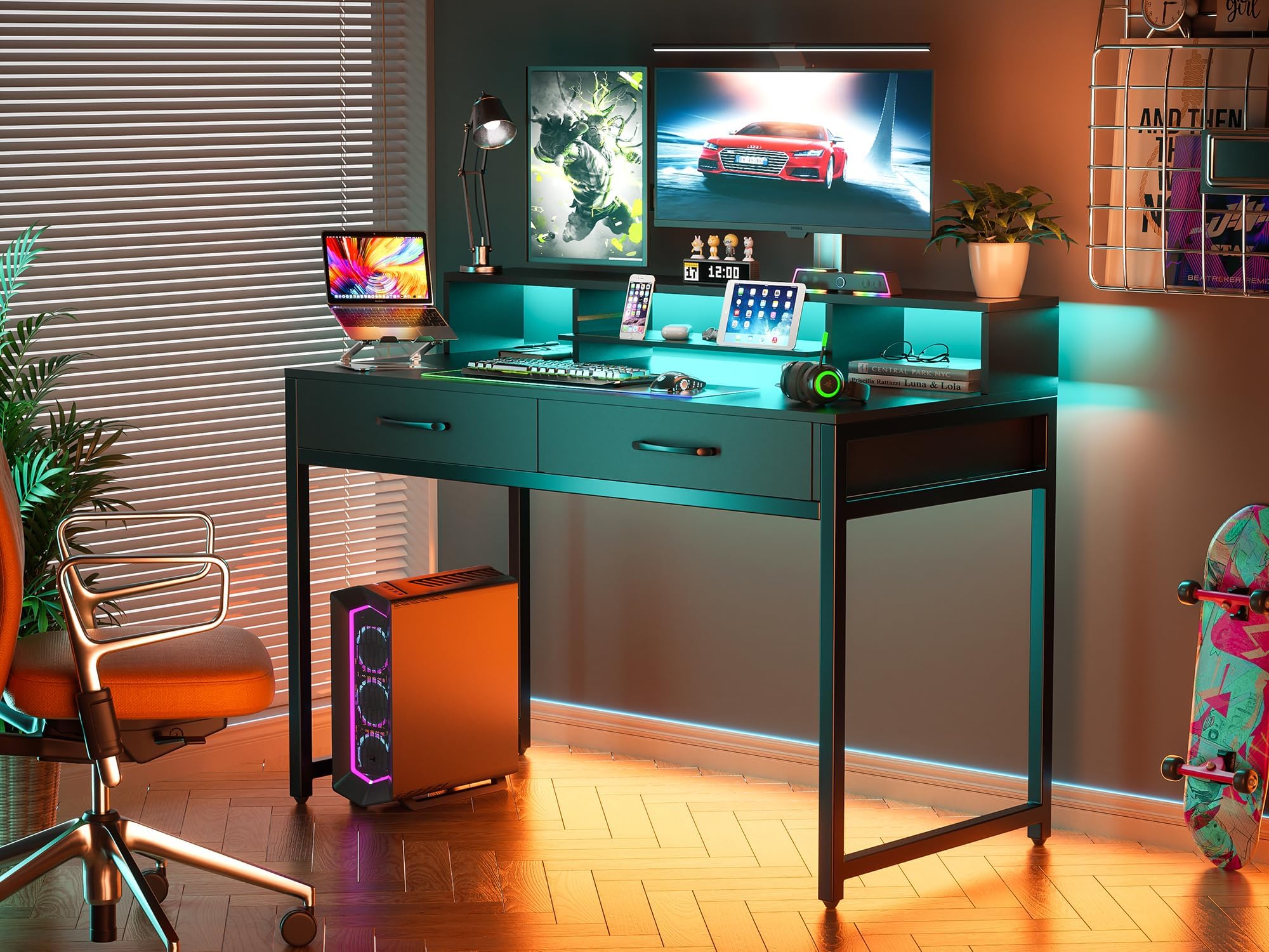 VEELOK Computer Desk with Drawers, 47" Home Office Desk with Monitor Shelf, Writing Desk with Storage, Gaming Desk Work Desk Study Desk for Bedroom, Black