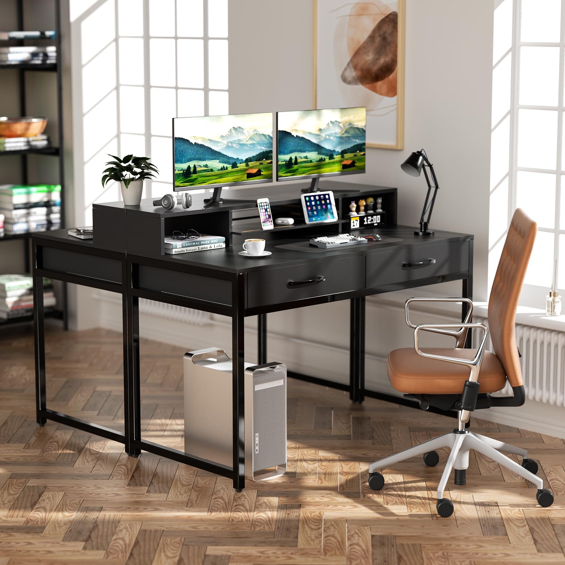 VEELOK Computer Desk with Drawers, 47" Home Office Desk with Monitor Shelf, Writing Desk with Storage, Gaming Desk Work Desk Study Desk for Bedroom, Black