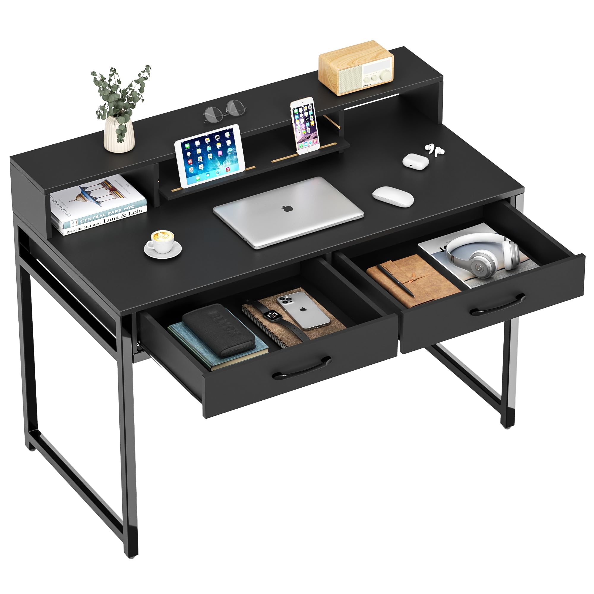 VEELOK Computer Desk with Drawers, 47" Home Office Desk with Monitor Shelf, Writing Desk with Storage, Gaming Desk Work Desk Study Desk for Bedroom, Black