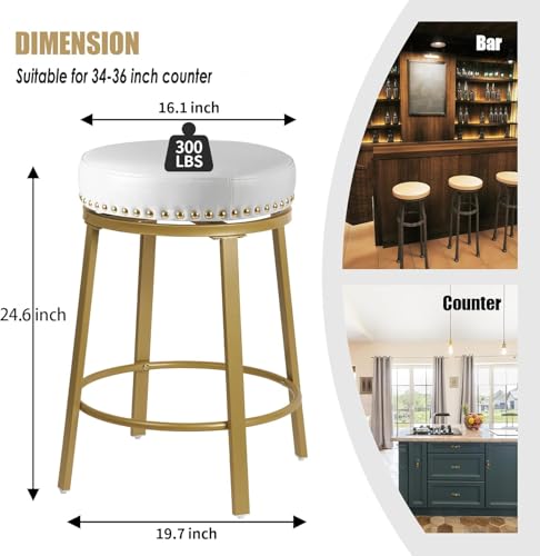 FLYZC White & Gold Bar Stools Set of 2 Counter Height 24 Inches Swivel Bar Stools for Kitchen Counter Island Backless Modern Gold Barstools Upholstered Faux Leather Round Counter Stools, White+Gold