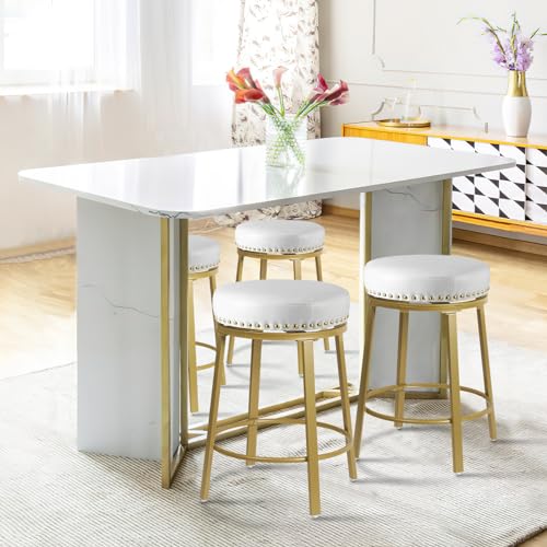 FLYZC White & Gold Bar Stools Set of 2 Counter Height 24 Inches Swivel Bar Stools for Kitchen Counter Island Backless Modern Gold Barstools Upholstered Faux Leather Round Counter Stools, White+Gold