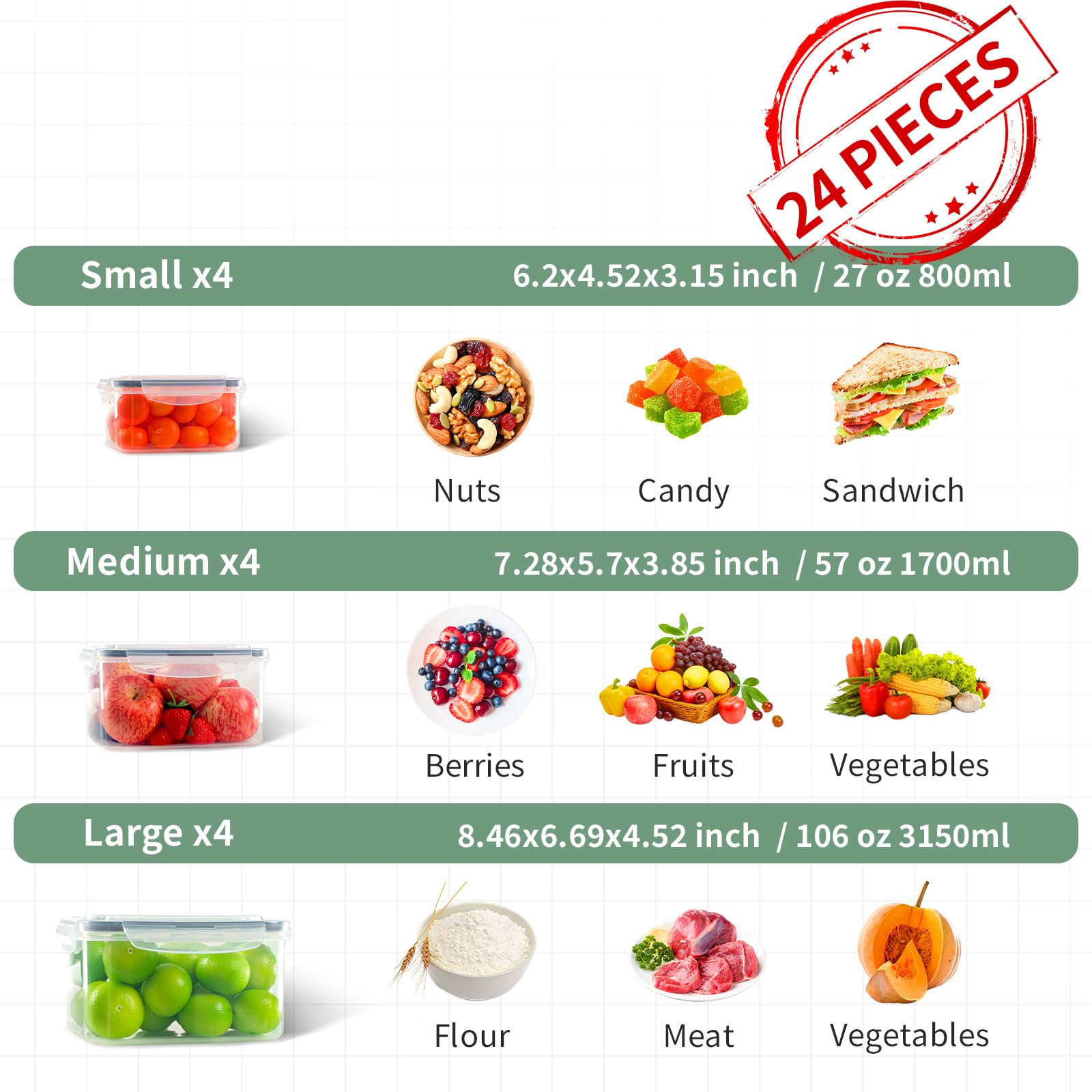 MINDEKA 24 Pieces Large Food Storage Containers, Plastic Food Container Set with Lid for Kitchen Storage Stackable & Nested Airtight Lunch Box for Cereal Fruit Leftover Freezer Microwave Safe