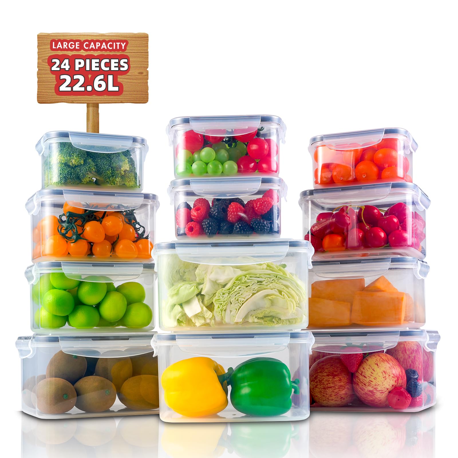 MINDEKA 24 Pieces Large Food Storage Containers, Plastic Food Container Set with Lid for Kitchen Storage Stackable & Nested Airtight Lunch Box for Cereal Fruit Leftover Freezer Microwave Safe