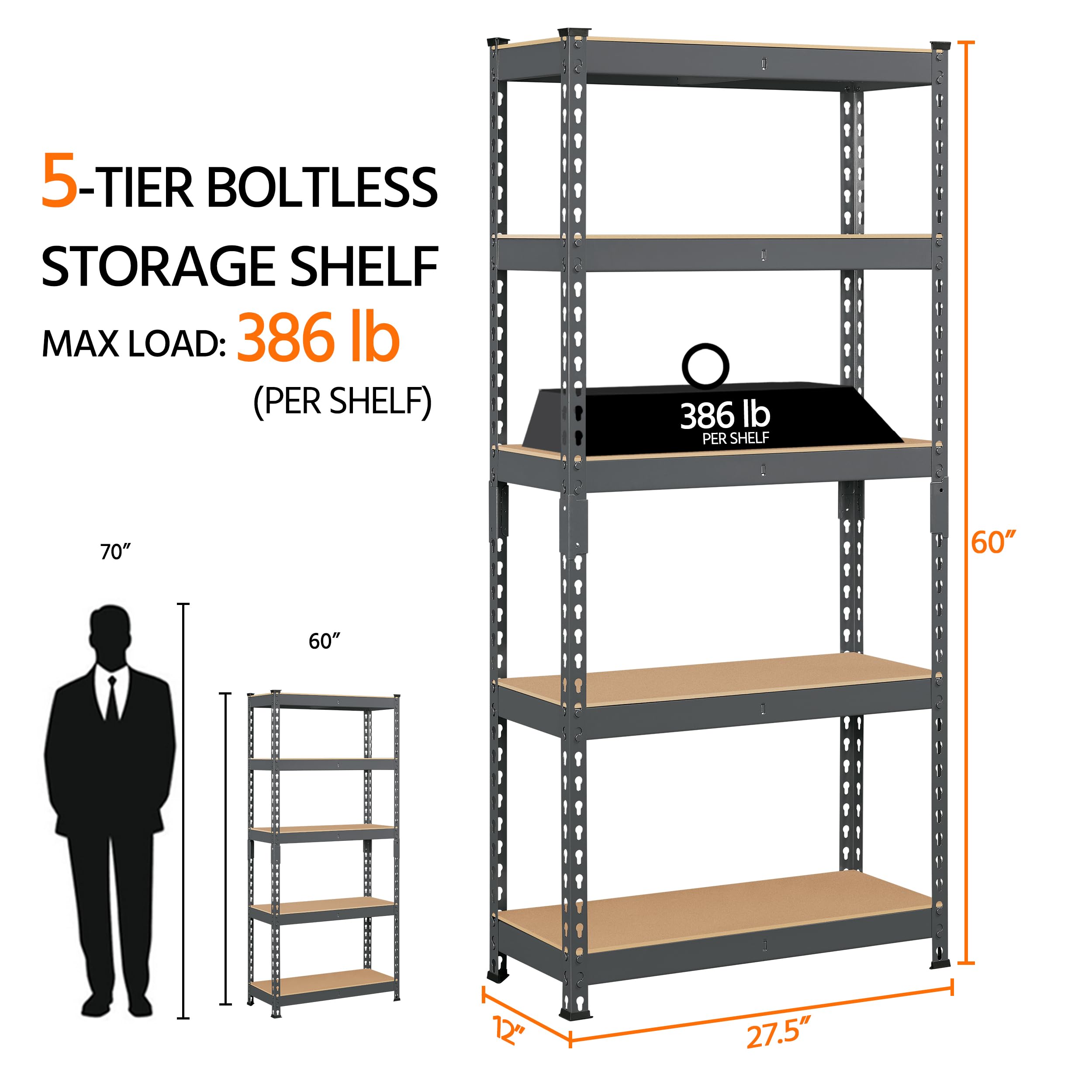 Topeakmart 5-Tier Utility Shelves, Metal Storage Shelves, Adjustable Shelving Units, Boltless Assembly, Garage Shelves Shed Shelving for Warehouse Garage Shed Basement- Dark Gray, 27.5 x 12x 60 Inch