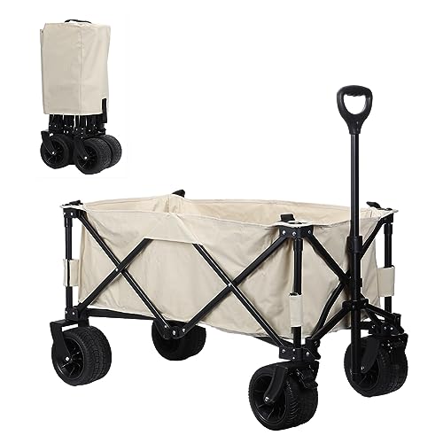Collapsible Wagon Cart, Heavy Duty Folding Wagon, 176lbs Large Capacity Beach Wagon, All Terrain Wagon, Portable Outdoor Utility Wagon for Sports Shopping Camping Garden(White)