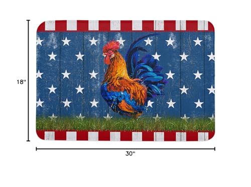 July 4th Bath Rugs Farm Chicken Stars Independence Day Holiday Sponge Doormat Absorbent Non Slip Backing Flannel Mat Wood Grain Red and White Stripe Memory Foam Mats for Bathroom18 x30