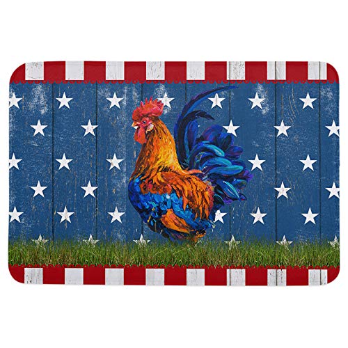 July 4th Bath Rugs Farm Chicken Stars Independence Day Holiday Sponge Doormat Absorbent Non Slip Backing Flannel Mat Wood Grain Red and White Stripe Memory Foam Mats for Bathroom18 x30
