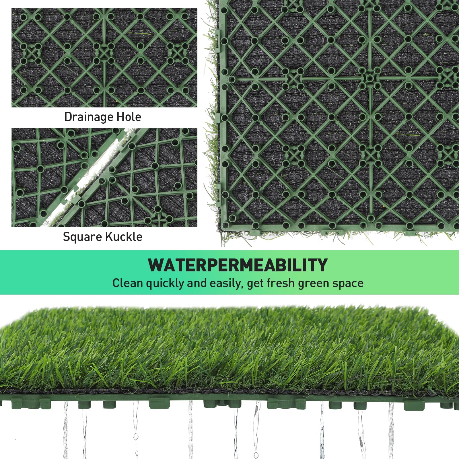 jltkj Artificial Grass Tiles, Turf Tiles Interlocking Fake Grass Self-draining Mat for Patio, Indoor and Outdoor Decor (6 Piece)