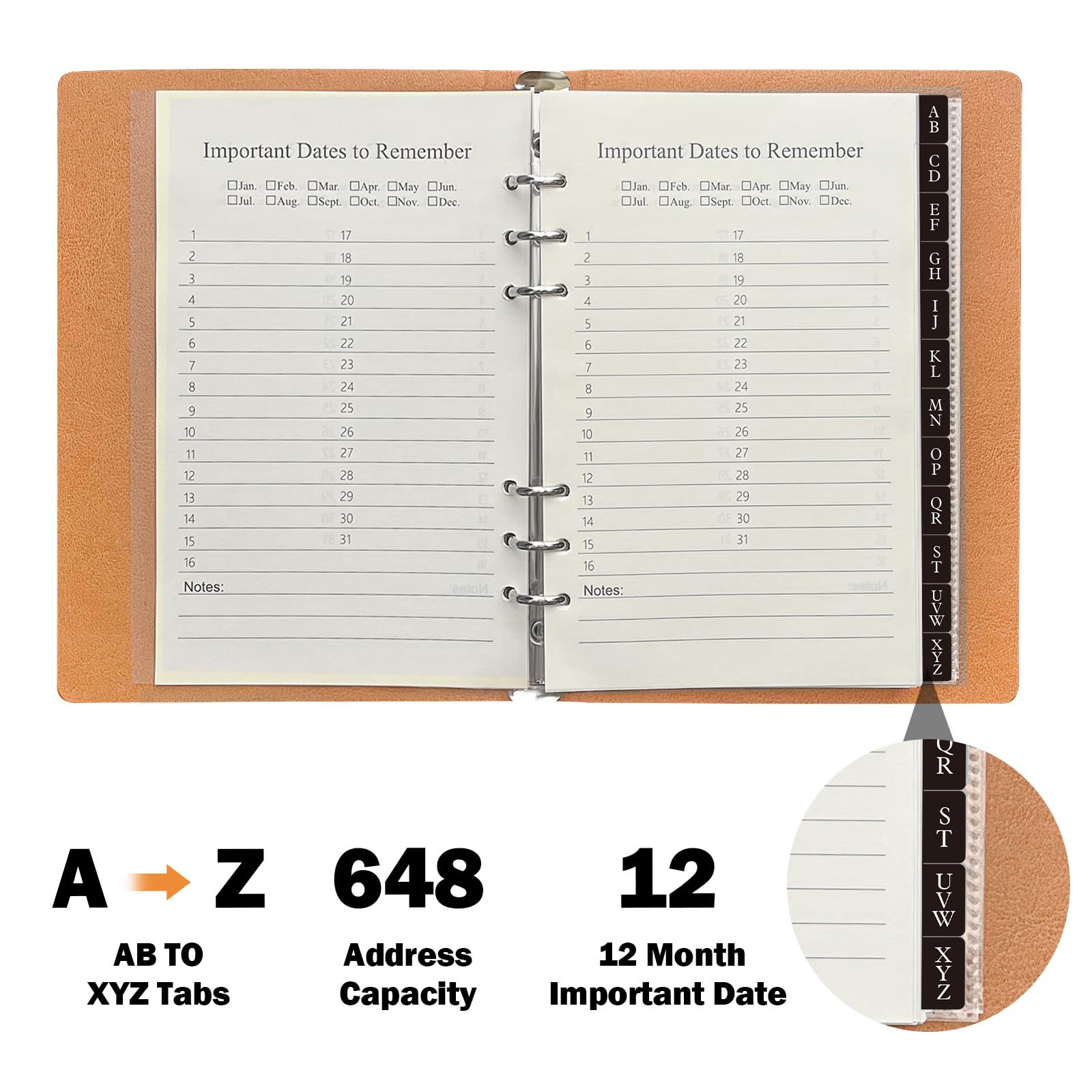 Happyaokeland Refillable Address Book with Alphabetical Tabs, Hardcover Phone Book 648 Contact Book w/Pockets, Large Print Address Books for Seniors, A5, Brown
