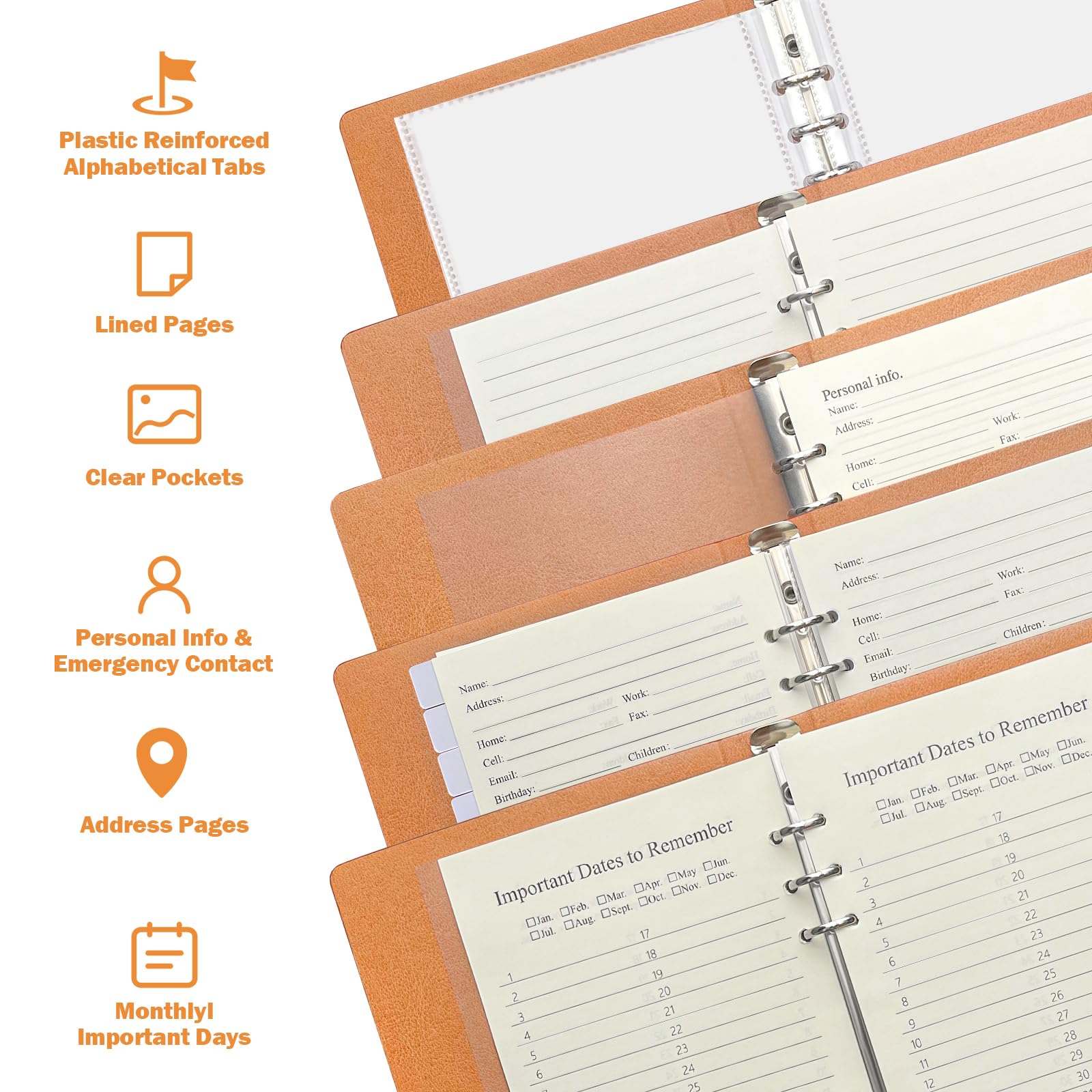 Happyaokeland Refillable Address Book with Alphabetical Tabs, Hardcover Phone Book 648 Contact Book w/Pockets, Large Print Address Books for Seniors, A5, Brown