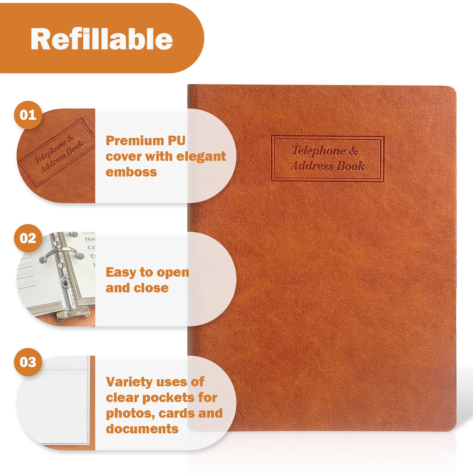Happyaokeland Refillable Address Book with Alphabetical Tabs, Hardcover Phone Book 648 Contact Book w/Pockets, Large Print Address Books for Seniors, A5, Brown