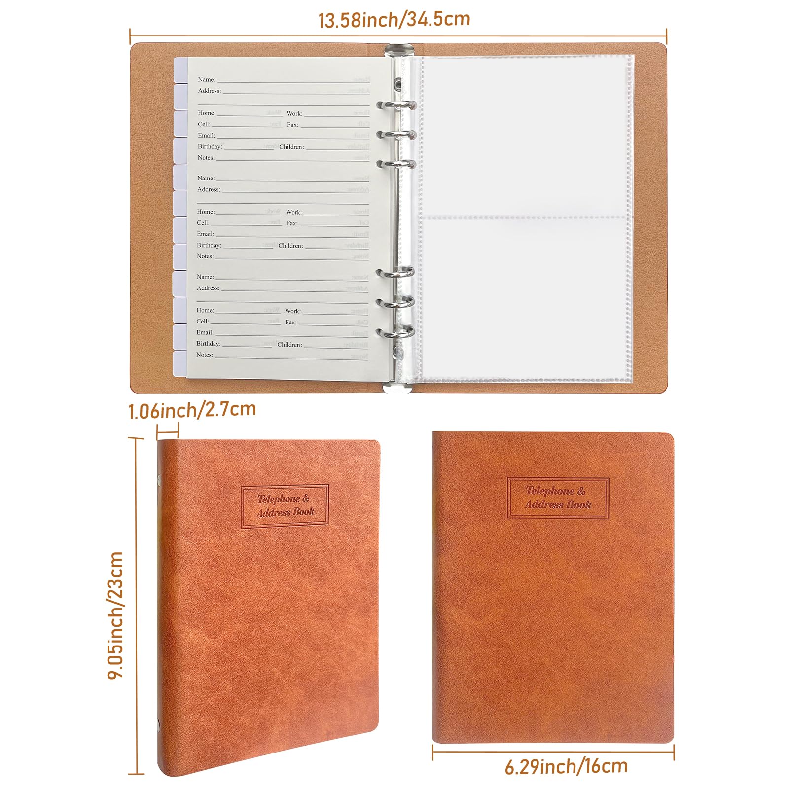 Happyaokeland Refillable Address Book with Alphabetical Tabs, Hardcover Phone Book 648 Contact Book w/Pockets, Large Print Address Books for Seniors, A5, Brown