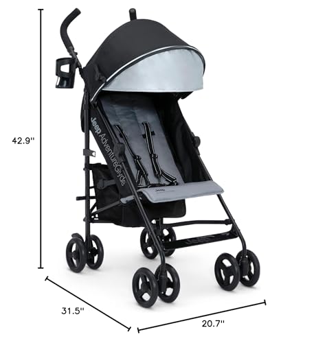 Jeep AdventureGlyde Stroller by Delta Children - Lightweight Travel Stroller with Smoothest Ride & Compact Fold, 3-Position Recline, Extra Large Storage Basket, Black/Grey