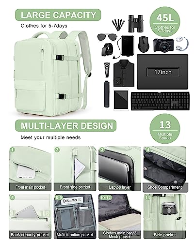 Large Travel Laptop Backpack, Expandable Flight Approved Backpack, Carry on Backpack for Women, Waterproof 17inch Laptop Hiking Backpack with Shoe Compartment, Mint Green