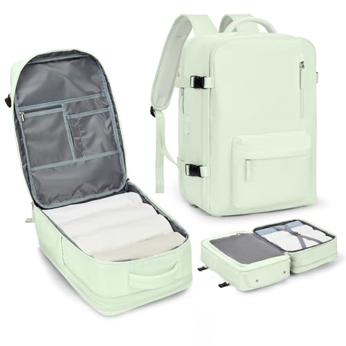 Large Travel Laptop Backpack, Expandable Flight Approved Backpack, Carry on Backpack for Women, Waterproof 17inch Laptop Hiking Backpack with Shoe Compartment, Mint Green